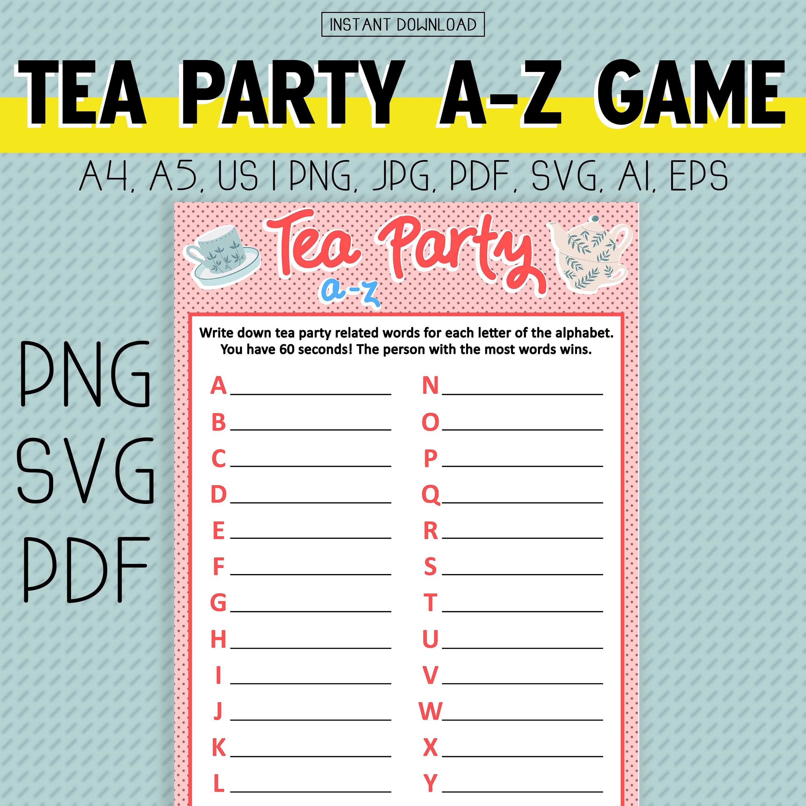 Tea Party Alphabet Game A4 A5 US SVG PDF Png | Tea Party Printable Game ...