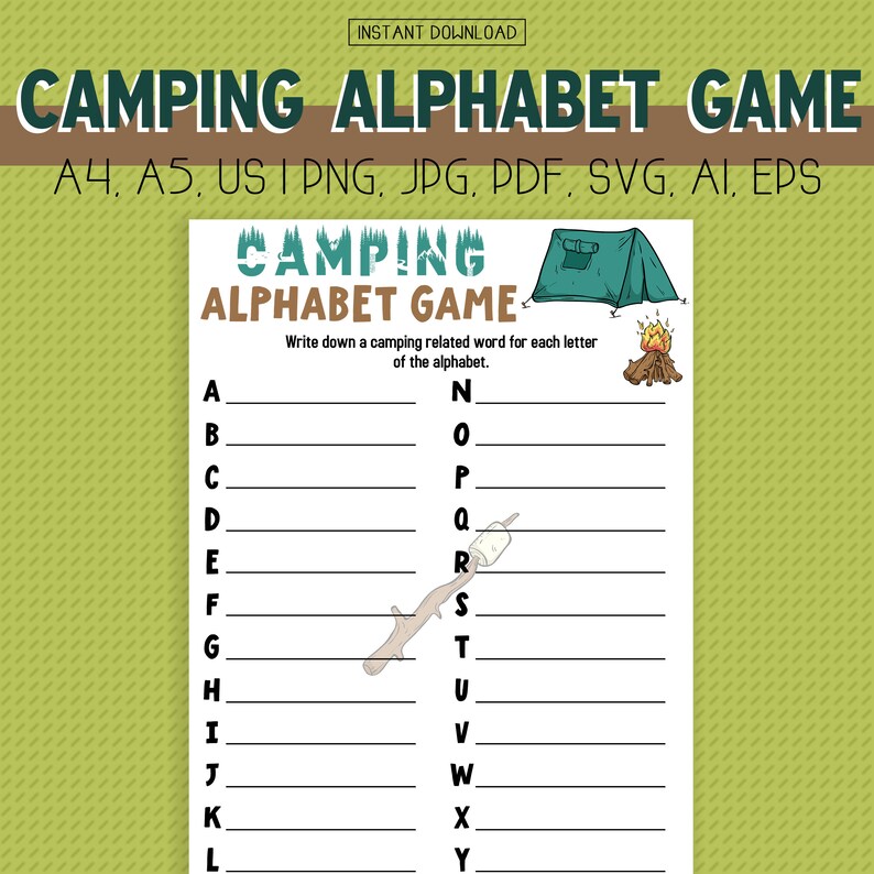 Camping Alphabet Game A4 A5 US Letter SVG PDF Png Camping Game ...