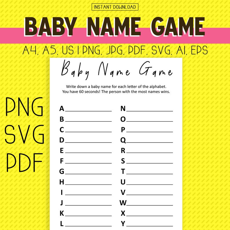 Baby Name Game A4 A5 US Letter SVG PDF | Printable Baby Shower Game ...