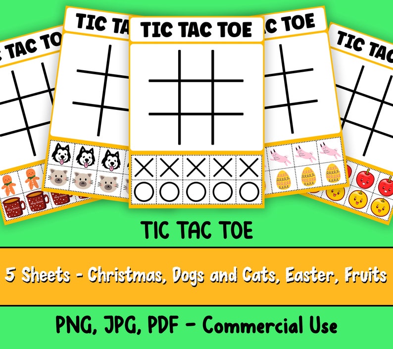 Tic Tac Toe 5 Sheets Christmas, Dogs and Cats, Easter, Fruits, PNG Jpg ...