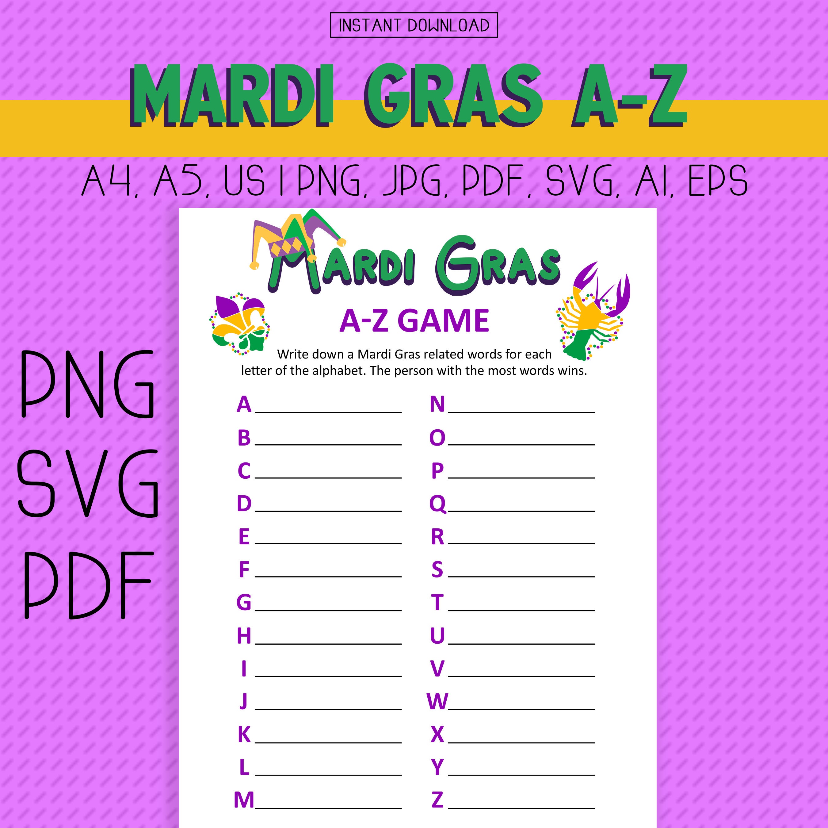 Mardi Gras Alphabet Game A4 A5 US, SVG PDF Png | Mardi Gras Game A-Z ...