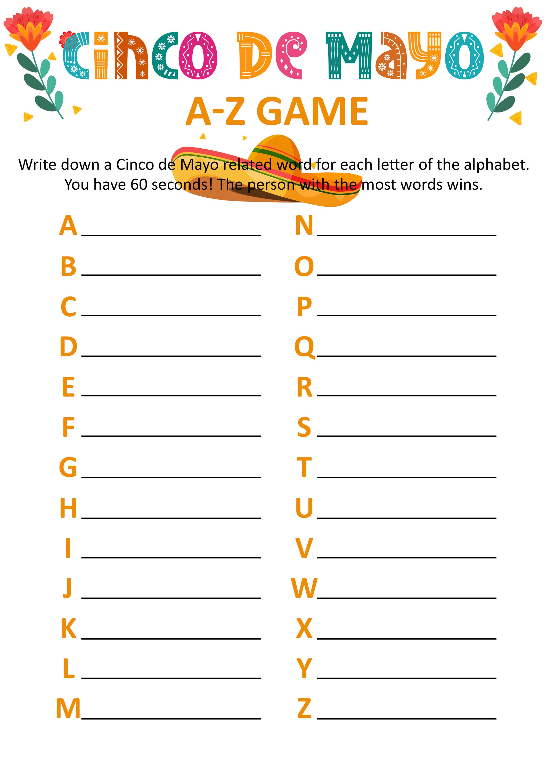 Cinco De Mayo Alphabet Game A4 A5 US SVG PDF Png | Cinco De Mayo ...