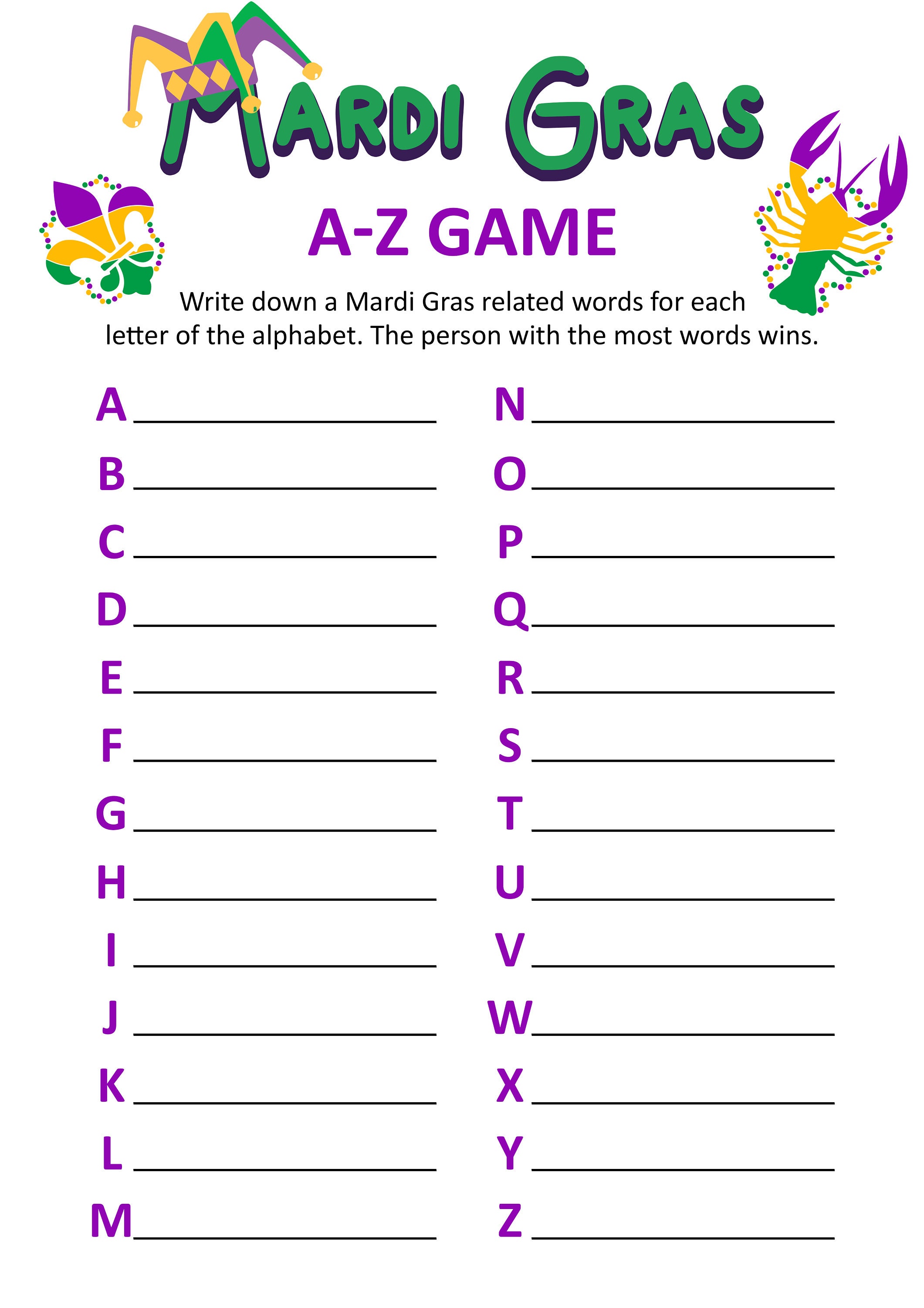 Mardi Gras Alphabet Game A4 A5 US, SVG PDF Png | Mardi Gras Game A-Z ...