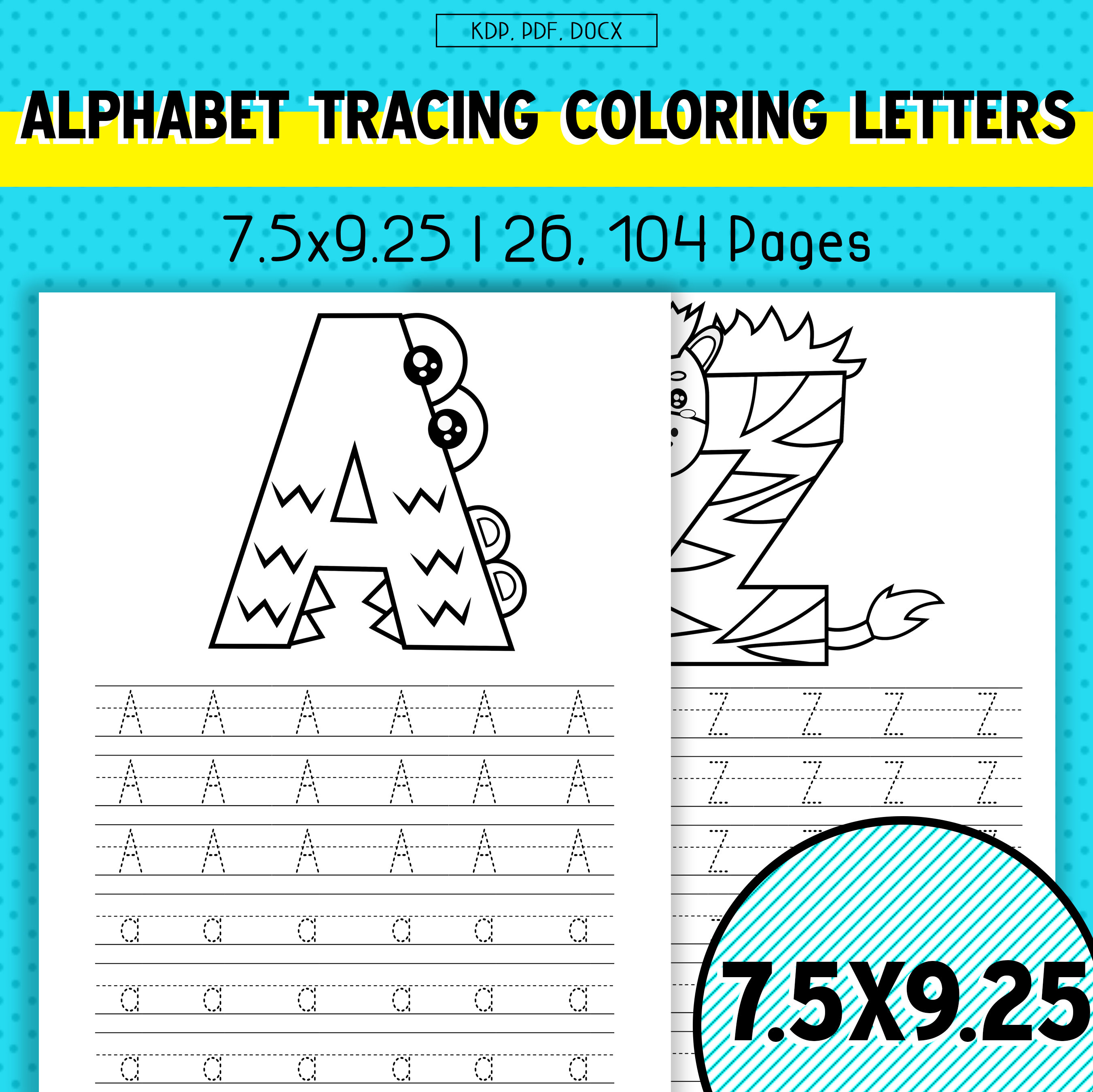 7.5x9.25” Coloring Animals Alphabet Tracing Letters Sheets for Kids 26 ...