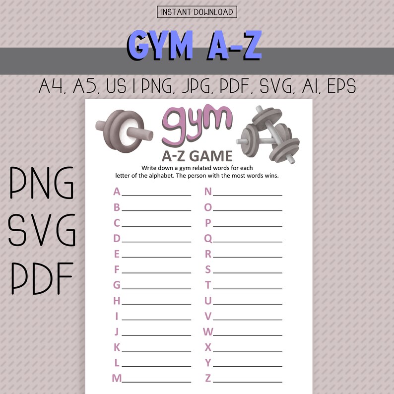 Gym Alphabet Game A4 A5 US Letter, SVG PDF Png | Gym Printable Game ...