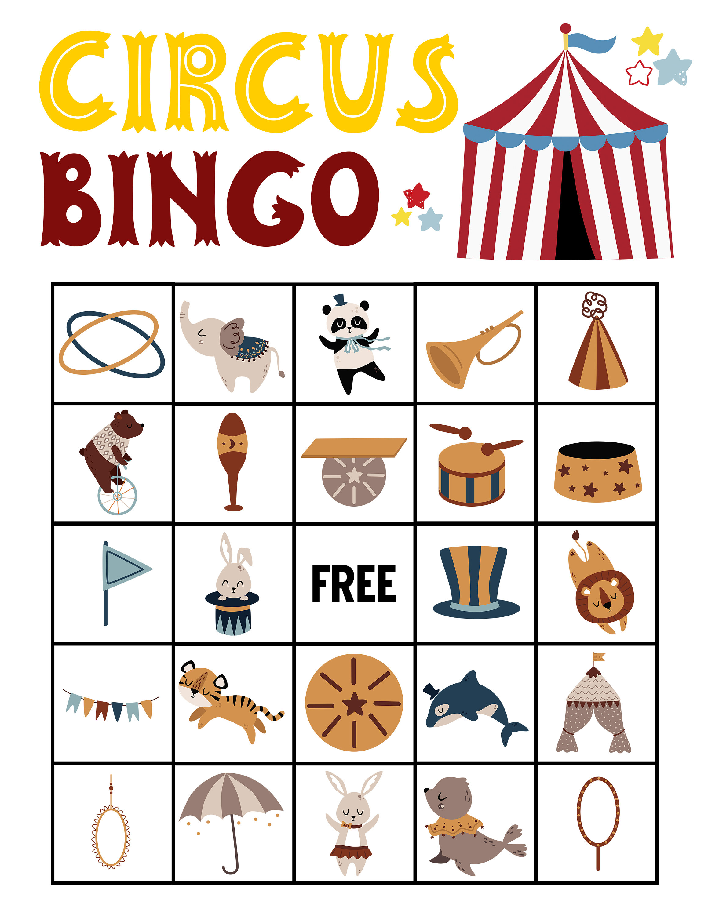 Circus Bingo Printable Game Sheets for Kids, Family 10 PDF DOCX Pages ...