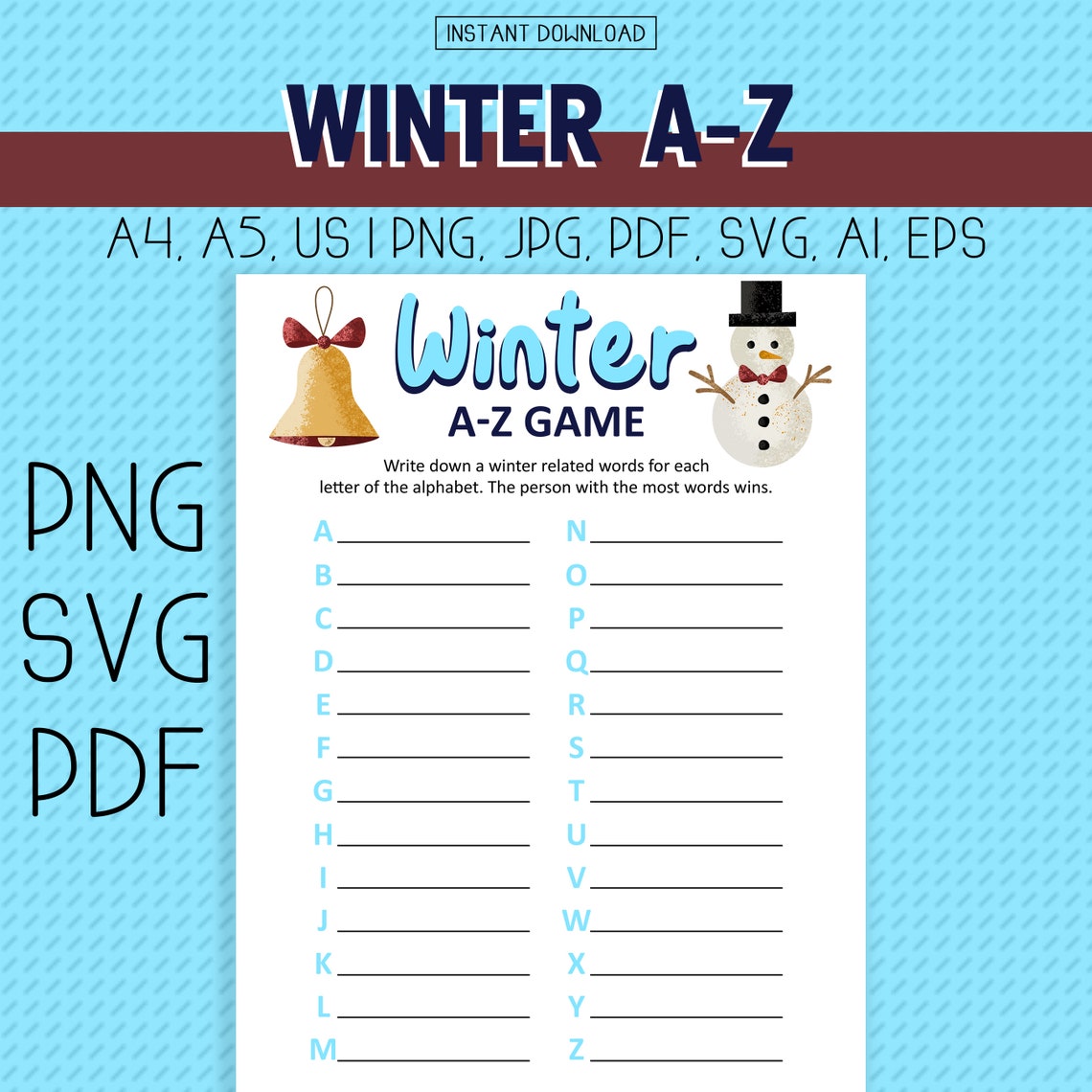 Winter Alphabet Game A4 A5 US, SVG PDF Png | Winter Game, Winter A to Z ...