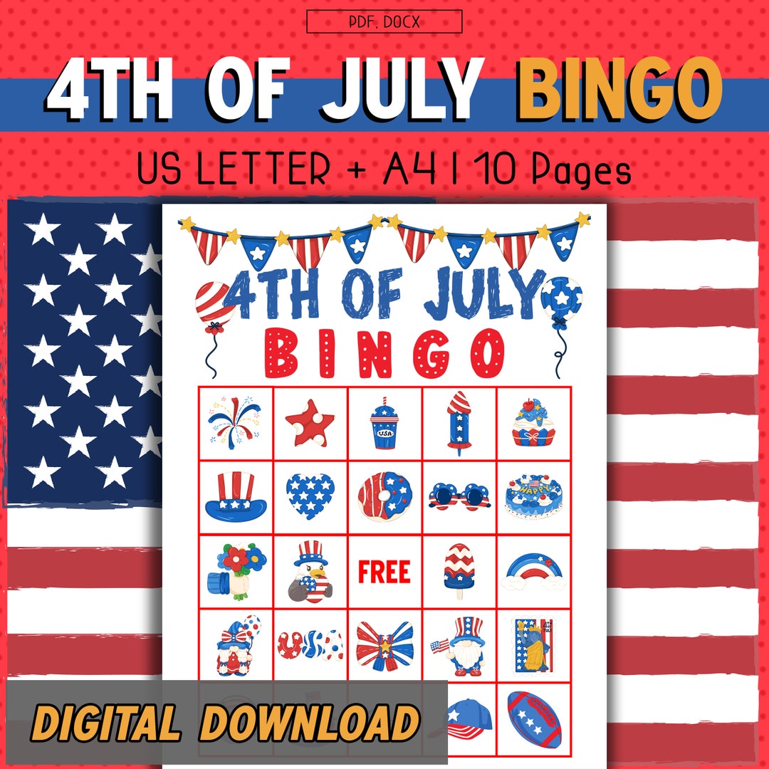 4th of July Party Printable Bingo Game Sheets for Kids and Family 10 ...