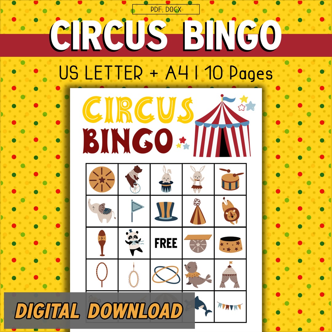 Circus Bingo Printable Game Sheets for Kids, Family 10 PDF DOCX Pages ...
