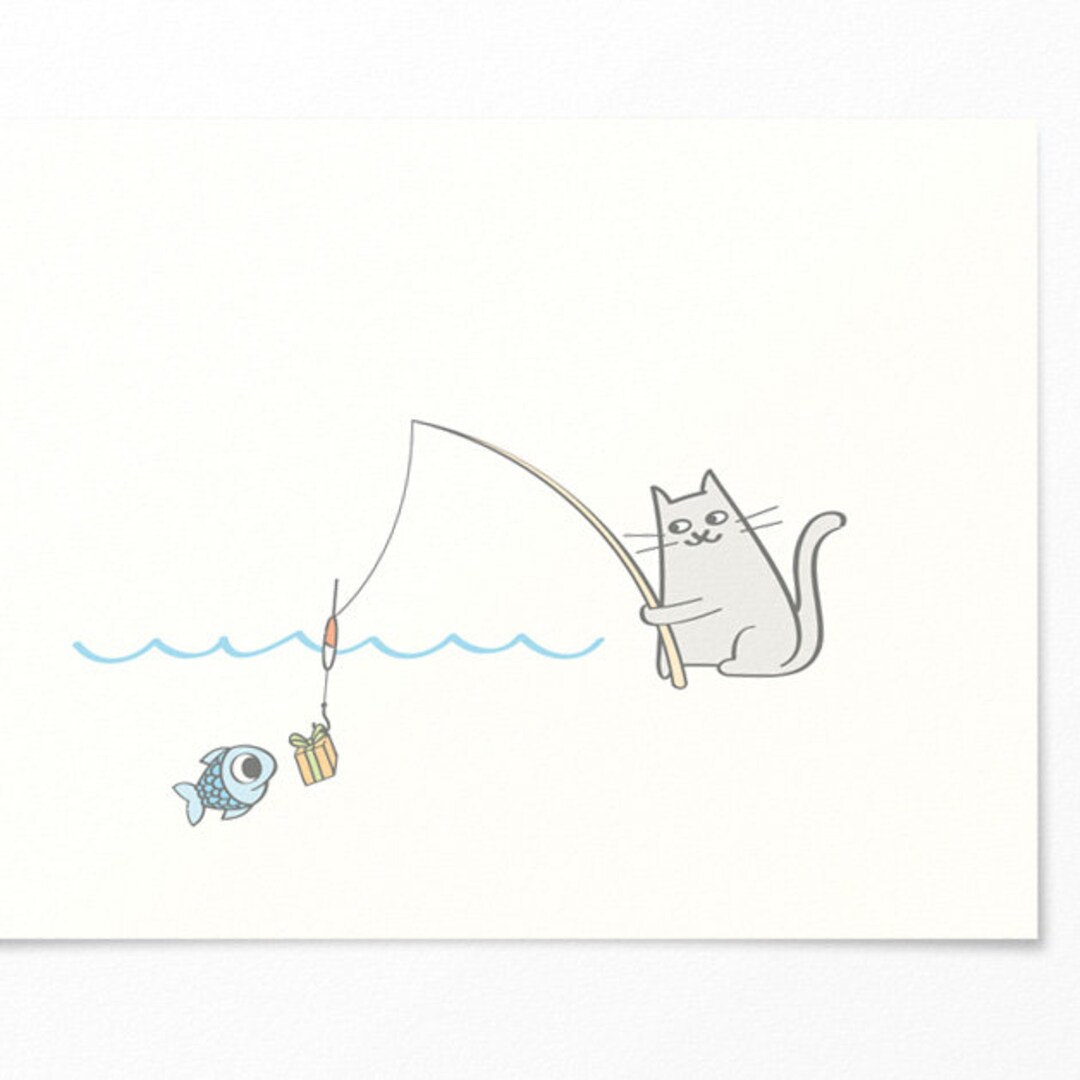 Birthday Card Cat Fishing Fish With Gift Congratulations Card ...