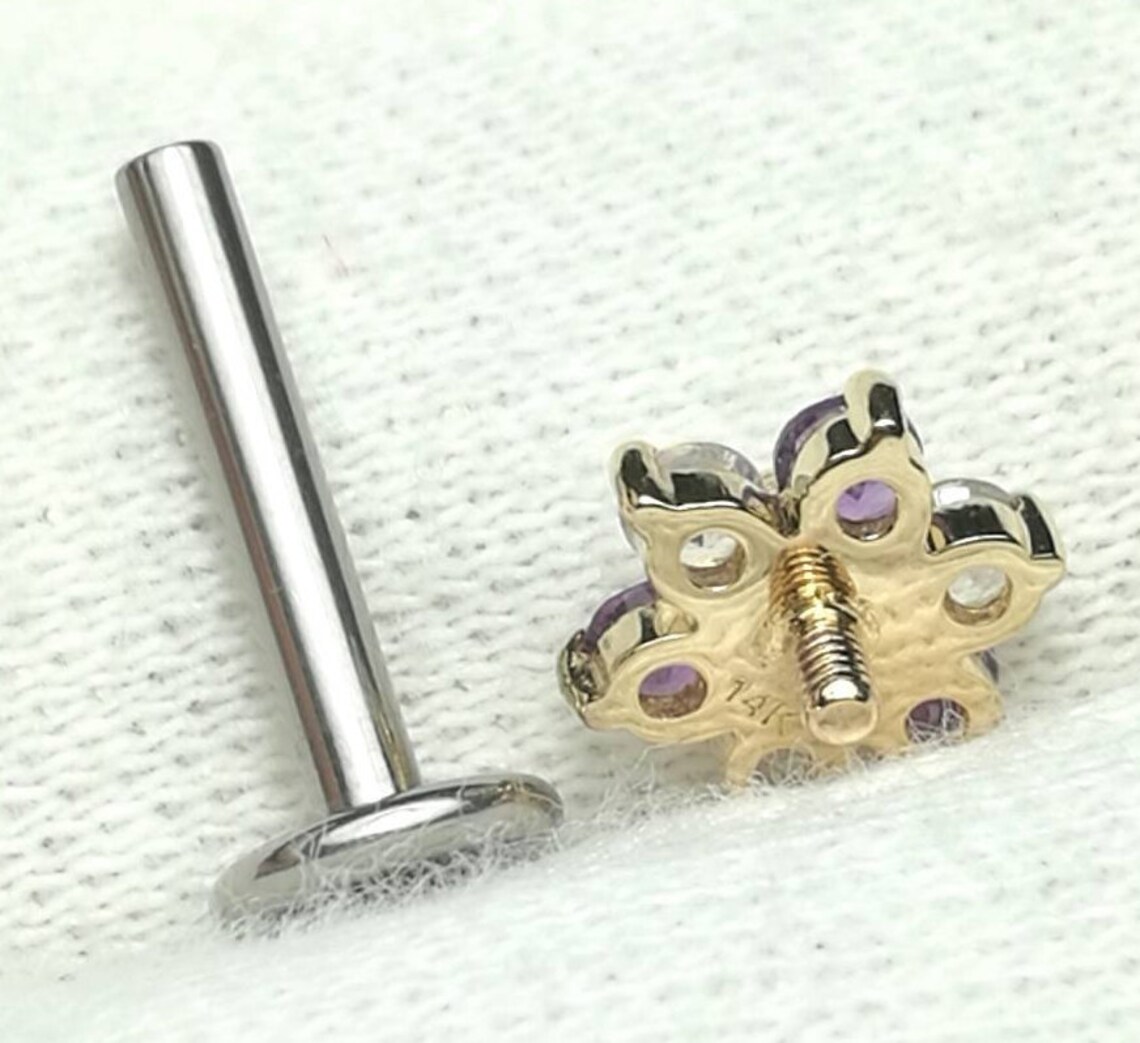 14g Labret Piercing/14k Solid Gold Top Moonstone & Amethyst - Etsy