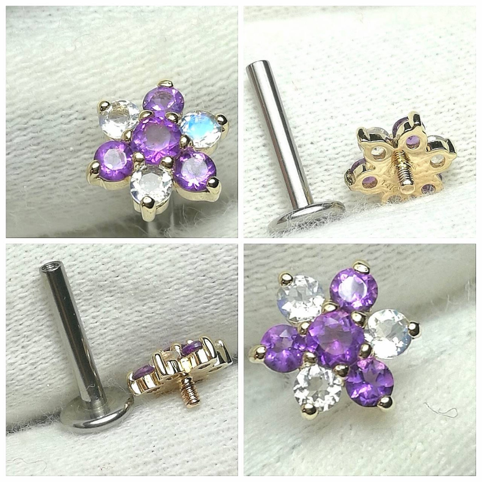 14g Labret Piercing/14k Solid Gold Top Moonstone & Amethyst - Etsy