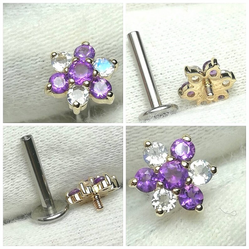 14g Labret Piercing/14k Solid Gold Top Moonstone & Amethyst - Etsy