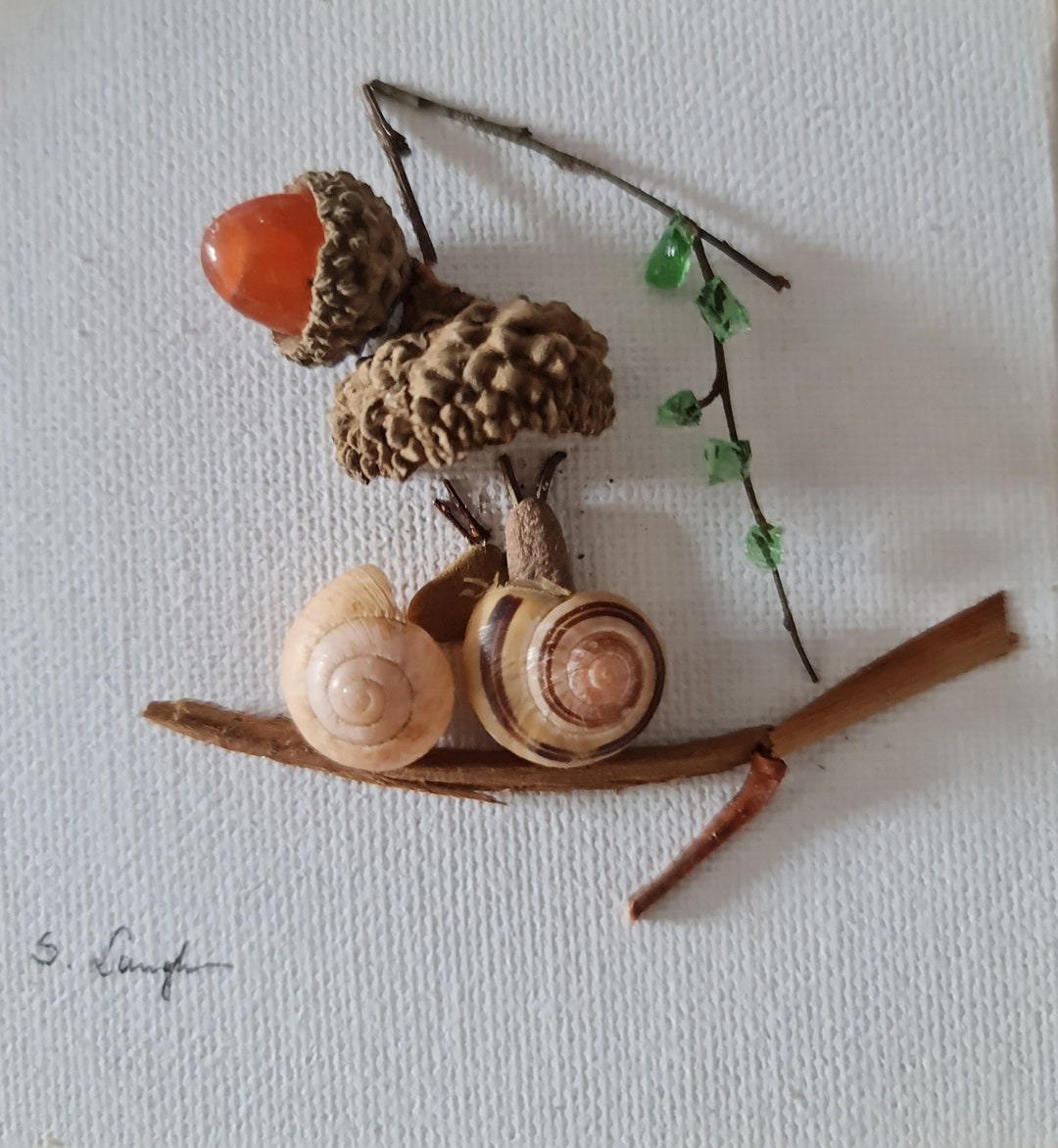 Pebble Picture snail Couple Under Acorns, 10 X 10 Cm, Original Pebble ...