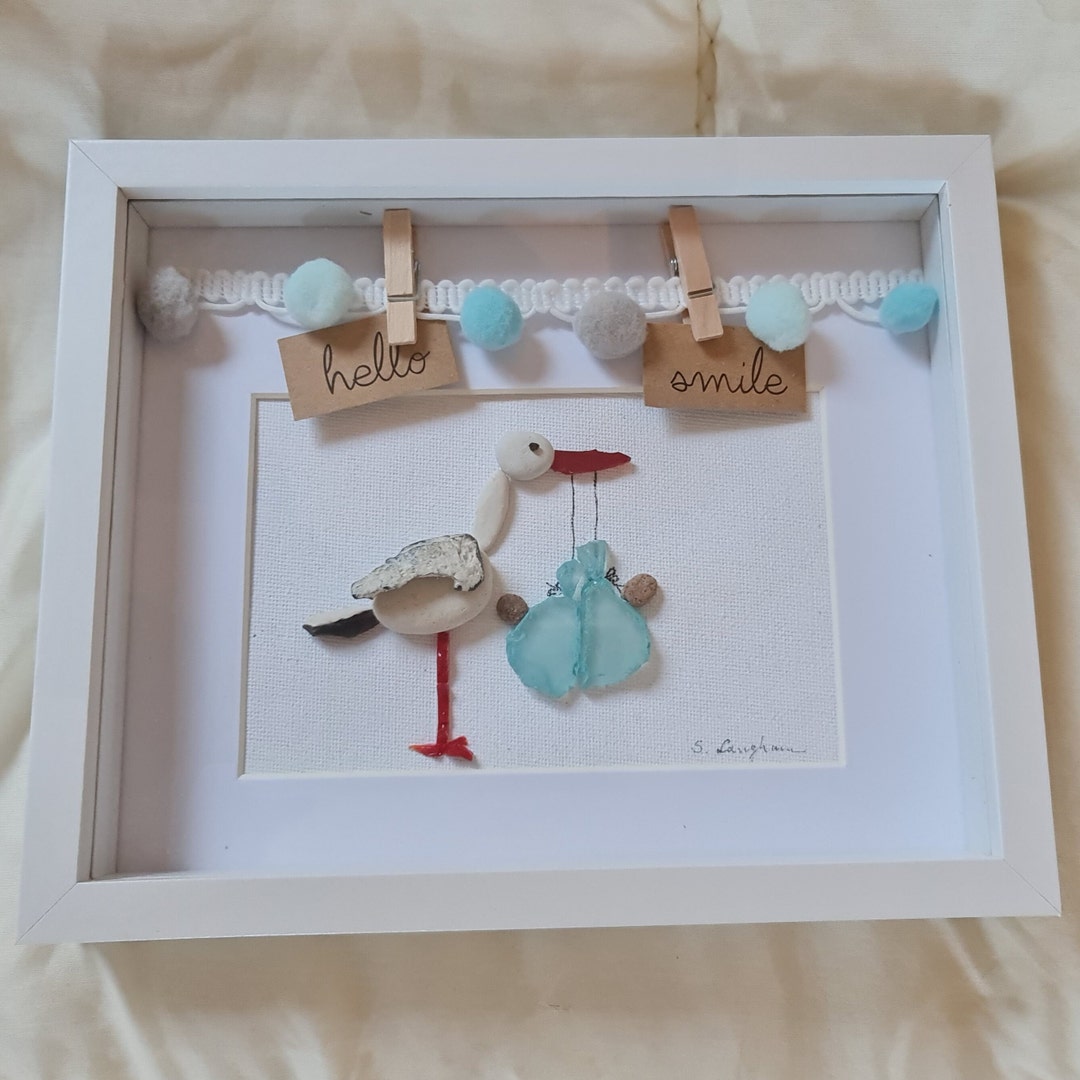 Pebble Picture stork With Boys Twin, Birth of Twin Boys, Decorative ...
