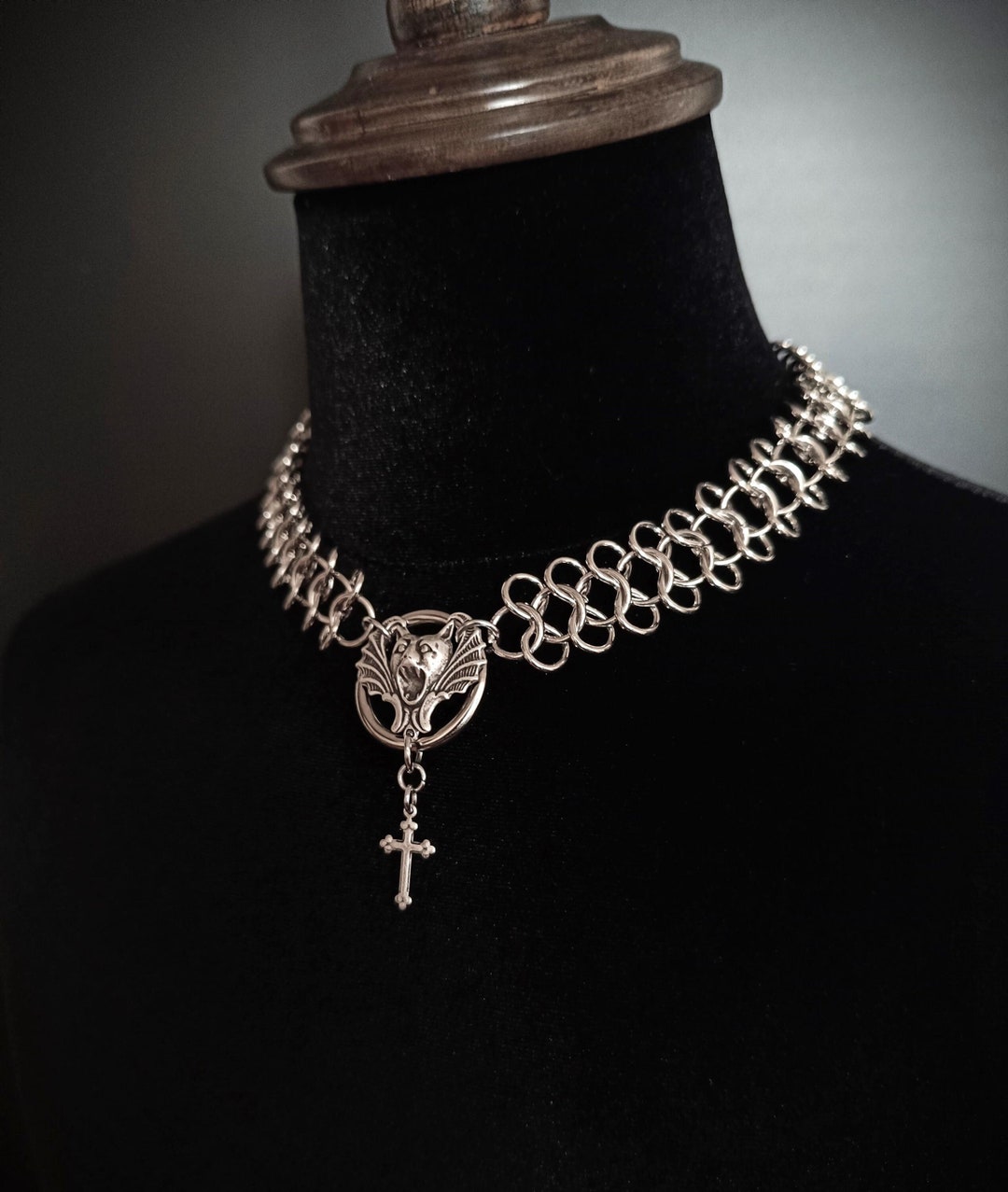 Vampire Chainmail Gothic Necklace With Bat and Victorian Cross - Etsy