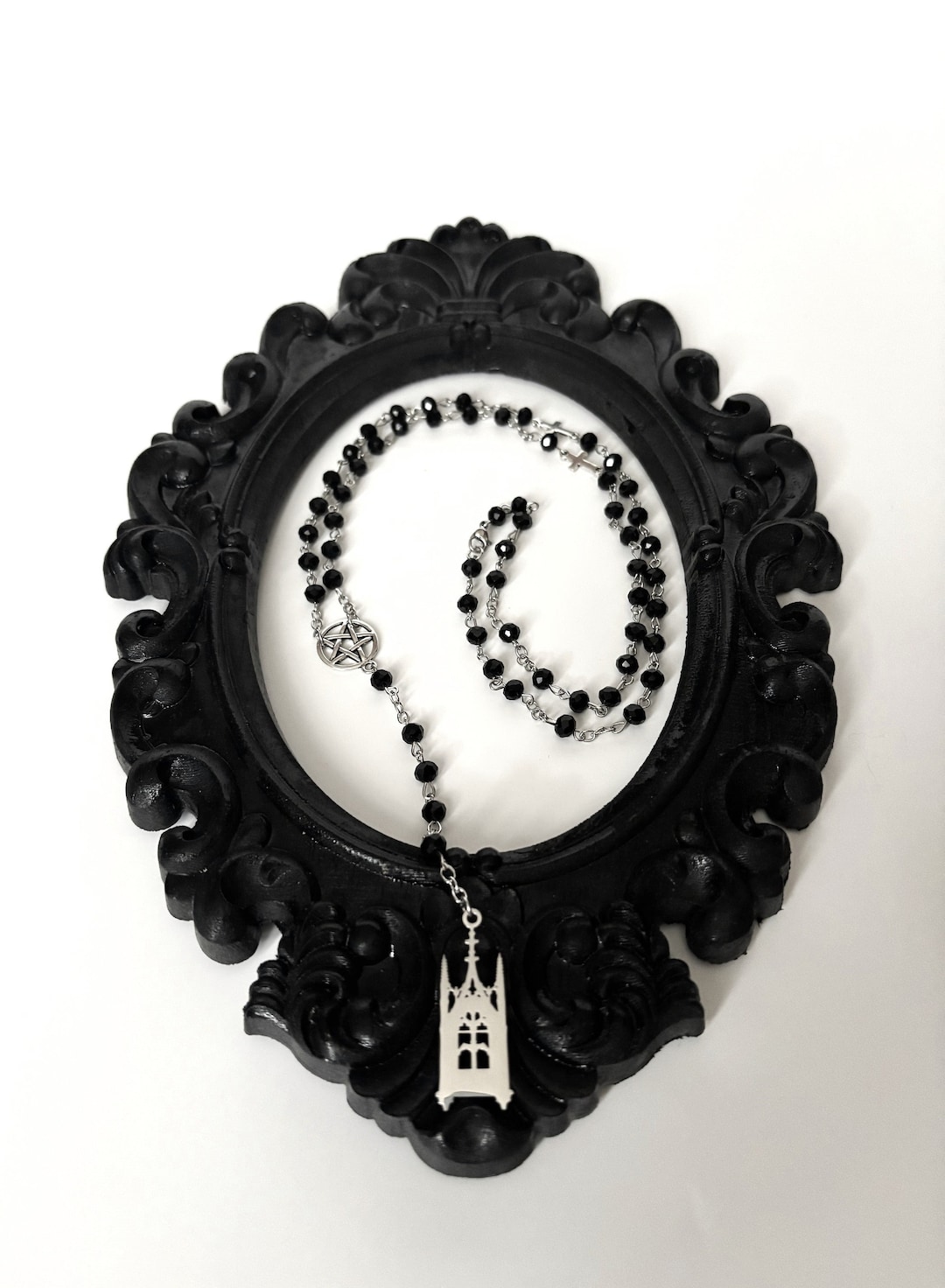 Gothic Cathedral Rosary, Black Crystal Beads, Satanic Pentagram, Occult ...