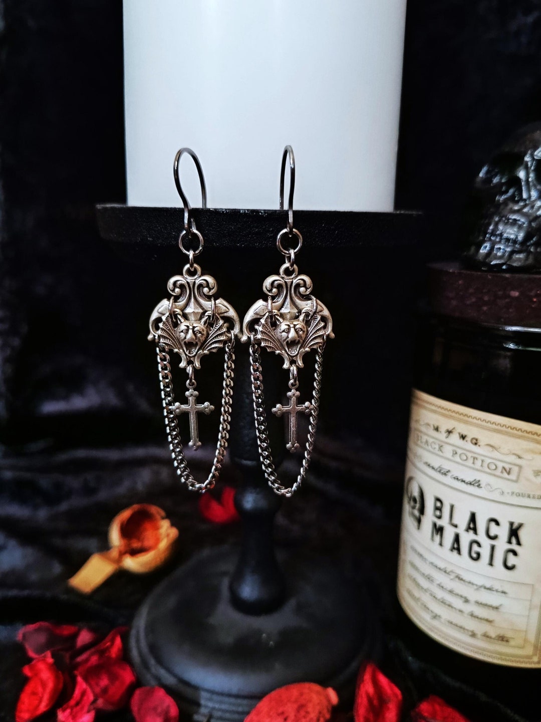 Gothic Vampire Bat Chain Dangle Earrings With Victorian Cross and Hooks ...
