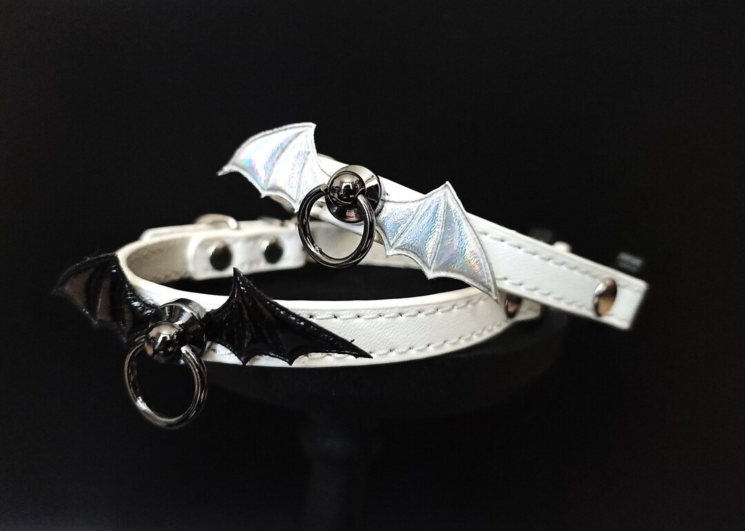 Gothic CAT Collar in White Pvc Bat Wings and Breakaway System, Vegan ...