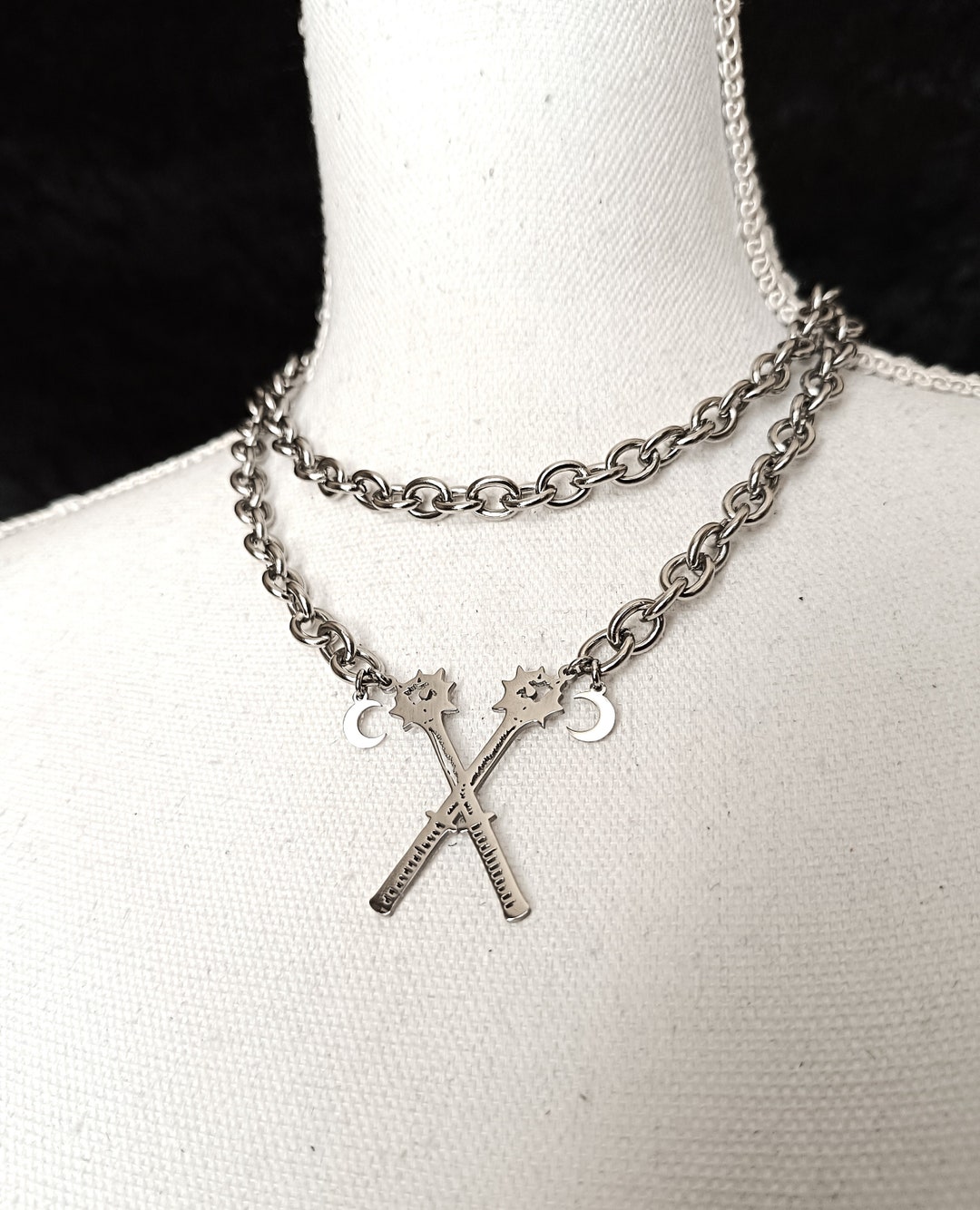 Sadica Medieval Mace Chain Collar Necklace With Dual Crescent Moon ...