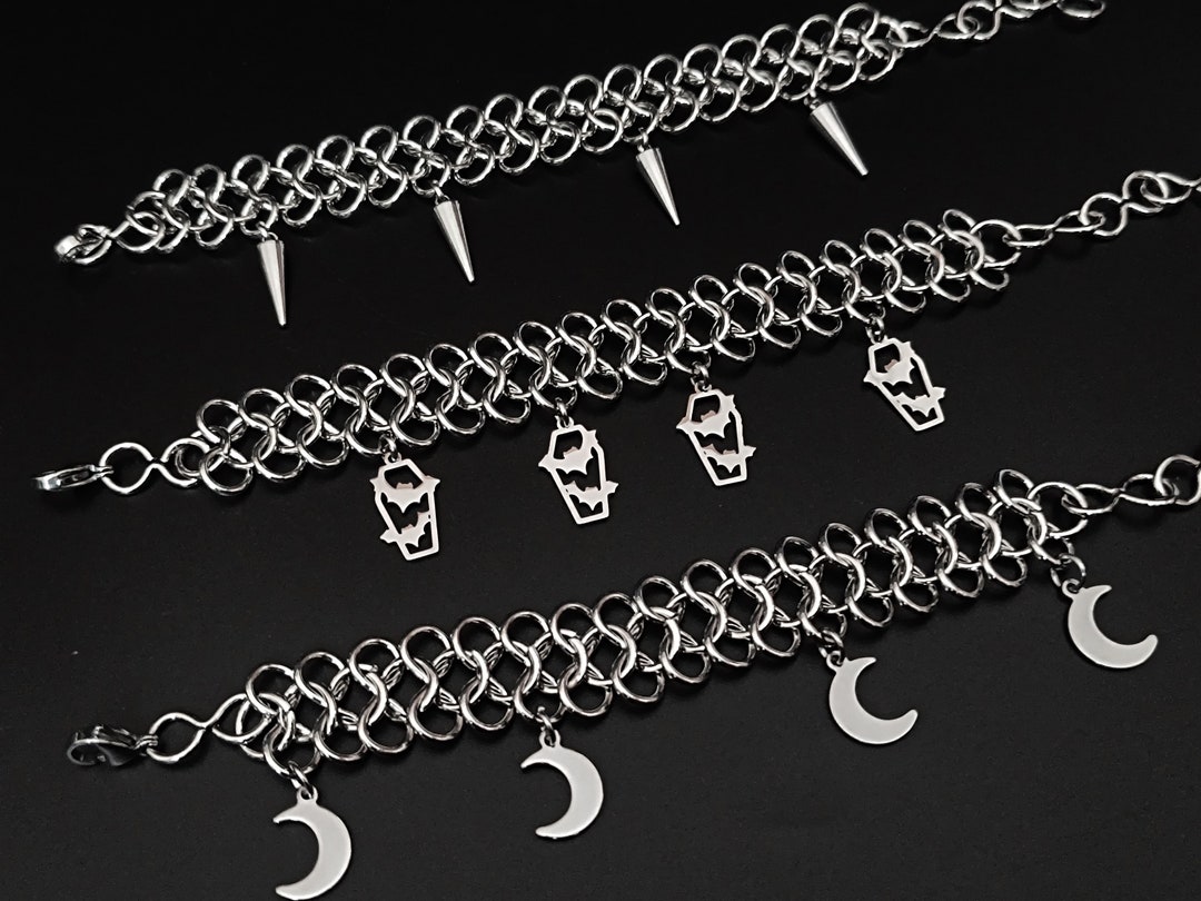 Chainmail Bracelet in Stainless Steel With Spiked Cones, Coffins&bats ...
