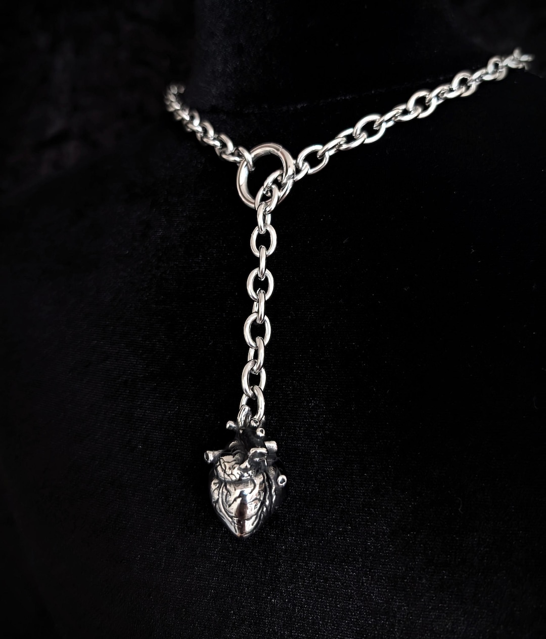 Slip Chain Necklace Anatomical Heart With Open Clasp in Stainless Steel ...