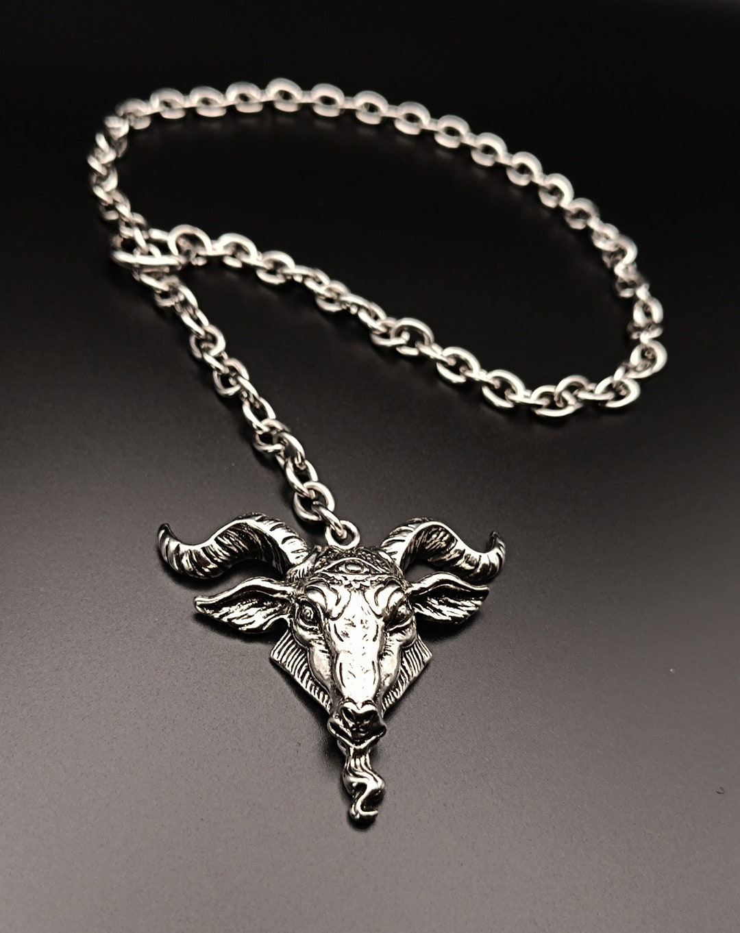 Baphomet Goat Slip Chain Choker Necklace in Stainless Steel With Open O ...