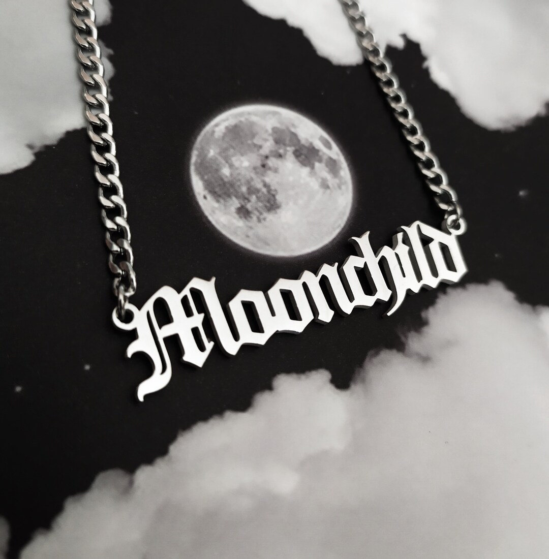 Moonchild Goth Calligraphy Necklace in Stainless Steel, Occult ...