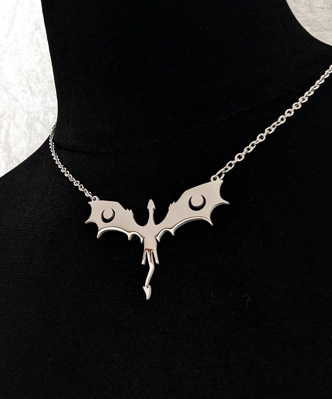 Flying Dragon Moon Necklace, Stainless Steel Gothic Fantasy Jewelry ...