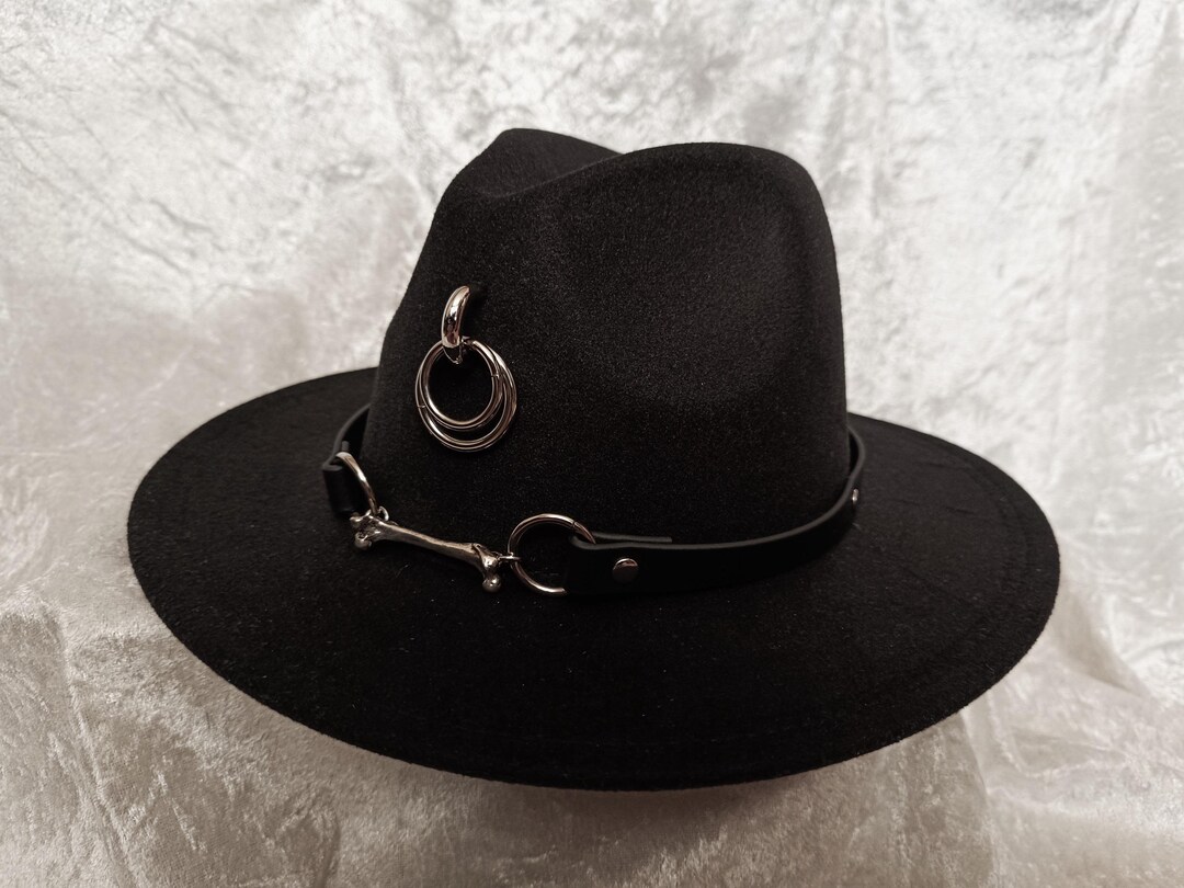 Witch Wide Brim Hat Silver Femur Bone and O-rings, Gothic Fedora - Etsy