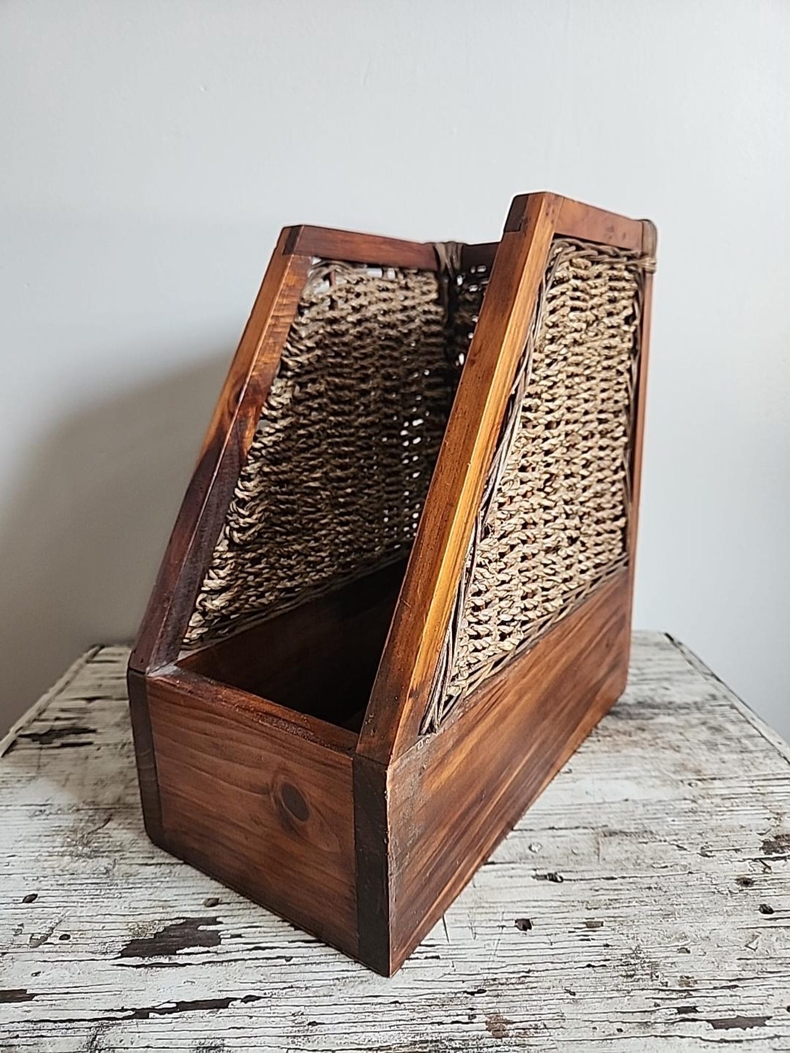 Seagrass & Wood Magazine File Folder Holder Organizer Wicker Bamboo ...