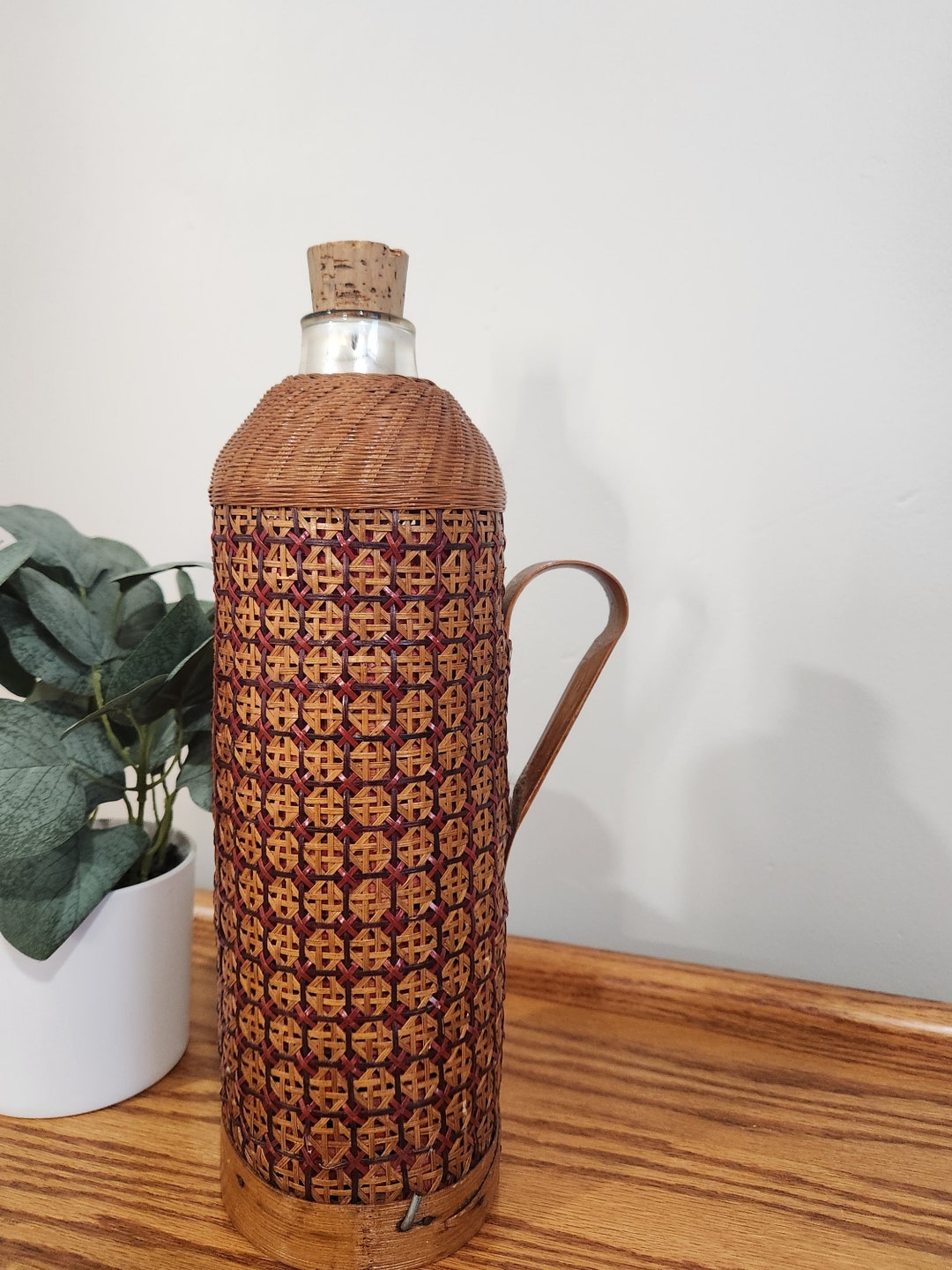 Vintage Wicker Water Bottle/flask Mirrored Rattan Cover Handheld Picnic ...
