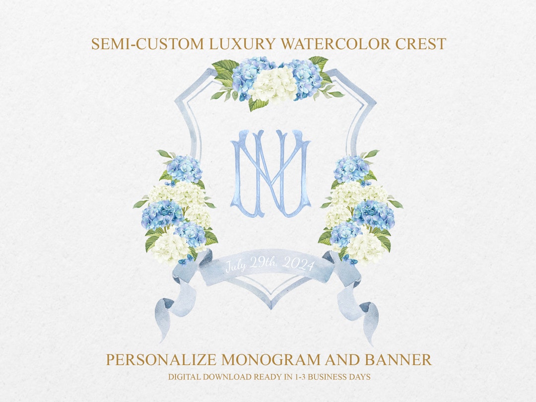 Blue and White Hydrangea Wedding Crest | Custom Monogram Illustration ...