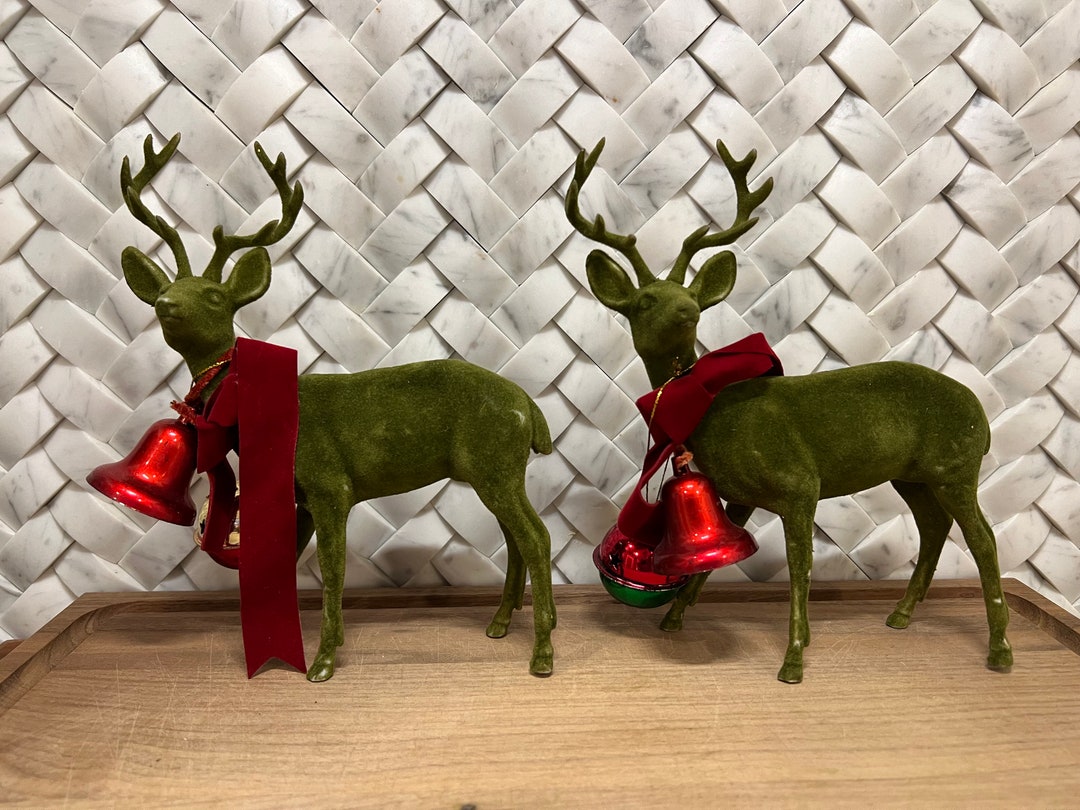 Vintage Christmas Green Flocked Reindeers With Bow & Bells / Christmas ...