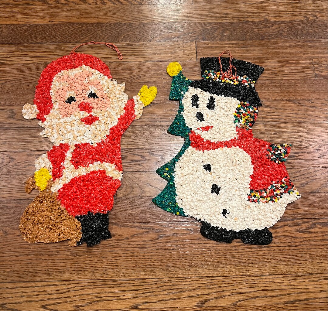 Vintage 1970s Melted Popcorn Plastic Santa & Reindeer Christmas ...