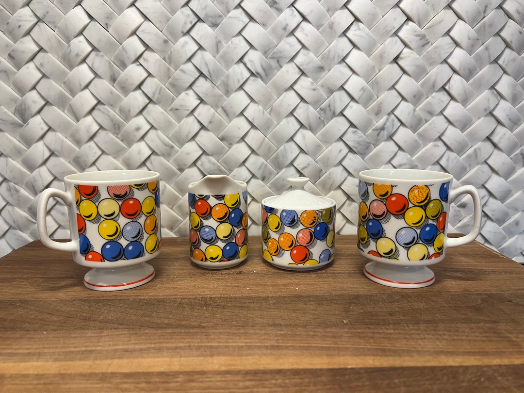 Vintage MCM Japan Carnival Cups, Creamer and Sugar With Colorful ...