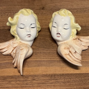 Vintage Pair of Angels / Cherubs Wall Hanging / Blonde Hair and Pink ...