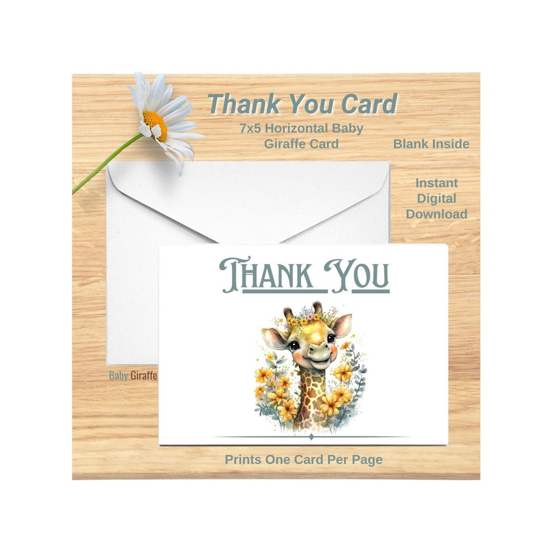 Baby Giraffe Thank You Card Printable Digital Download 7x5 Blank Inside ...
