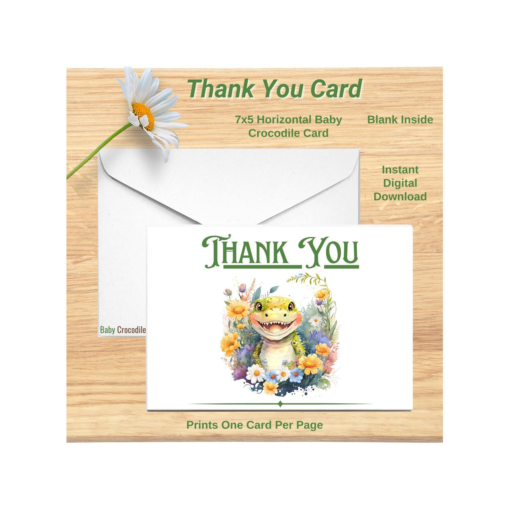 Baby Crocodile Thank You Card Printable Digital Download 7x5 Blank ...