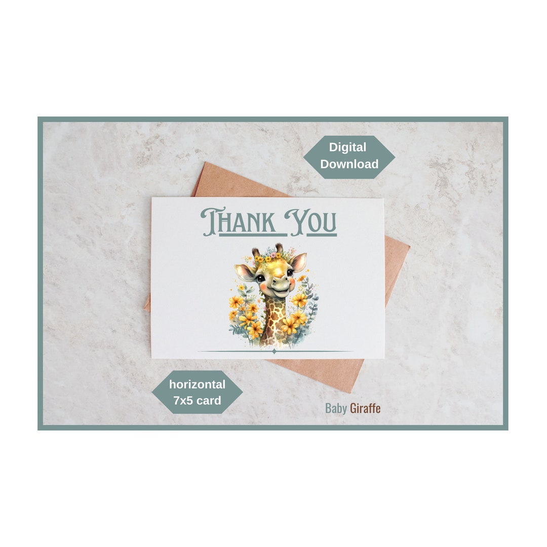 Baby Giraffe Thank You Card Printable Digital Download 7x5 Blank Inside ...