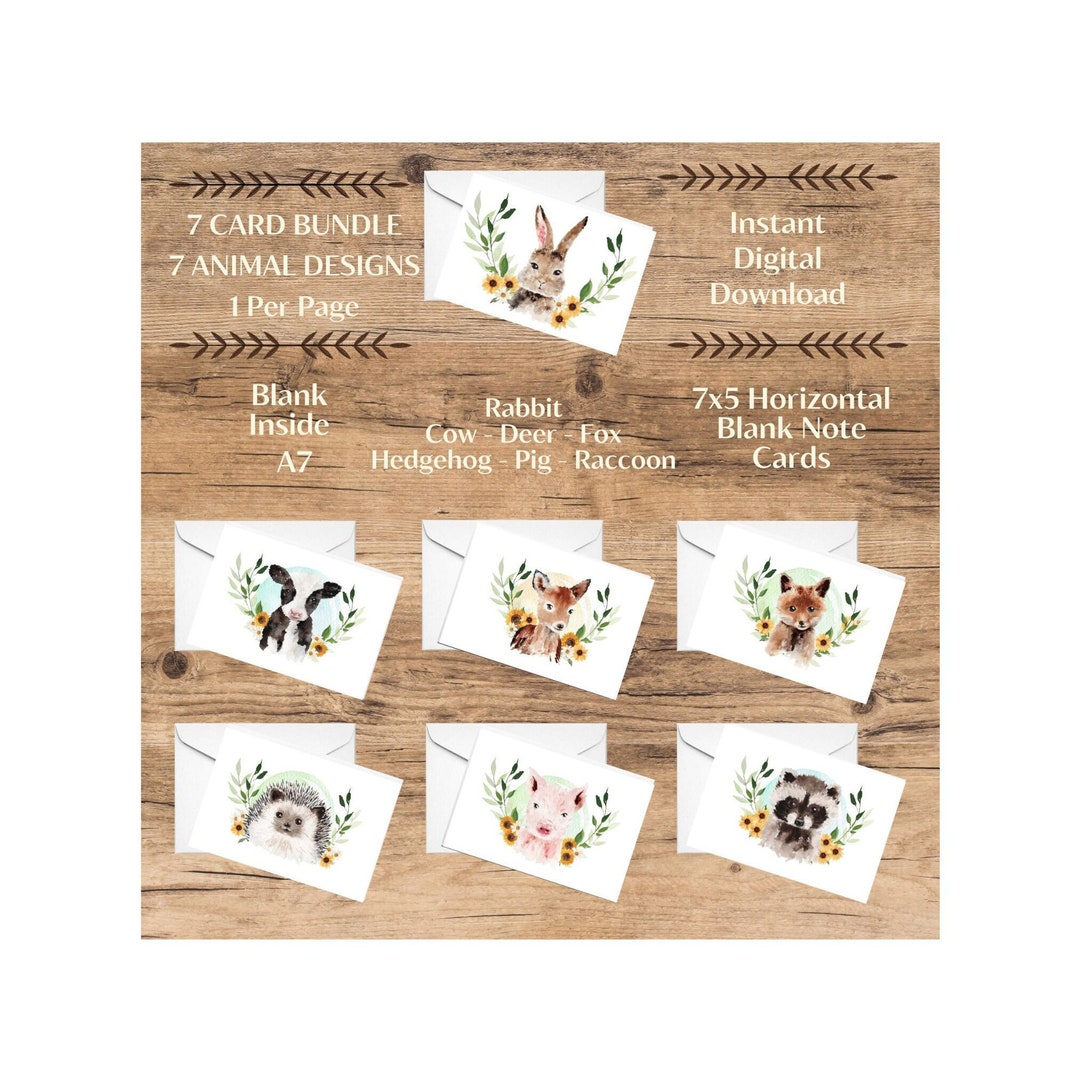 7 Card Bundle/7 Designs/watercolor Animal Note Cards/printable Digital ...