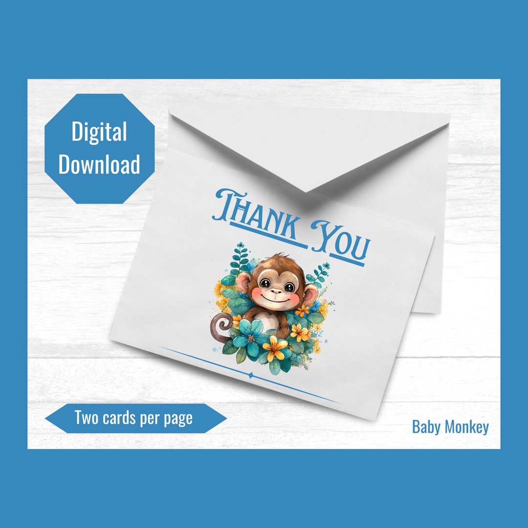Baby Monkey Thank You Card Printable Digital Download 5x3.5 Blank ...
