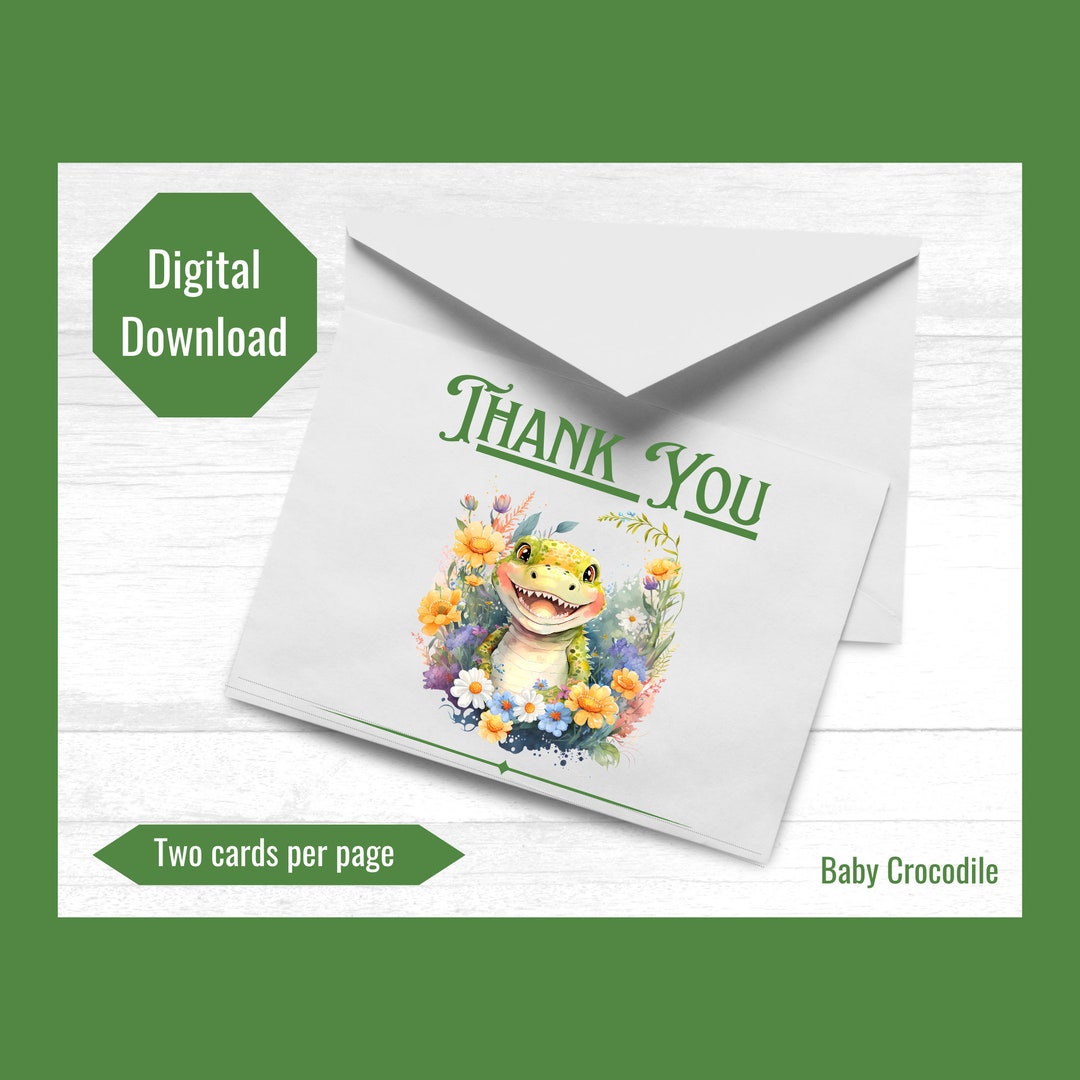 Baby Crocodile Thank You Card Printable Digital Download 5x3.5 Blank ...