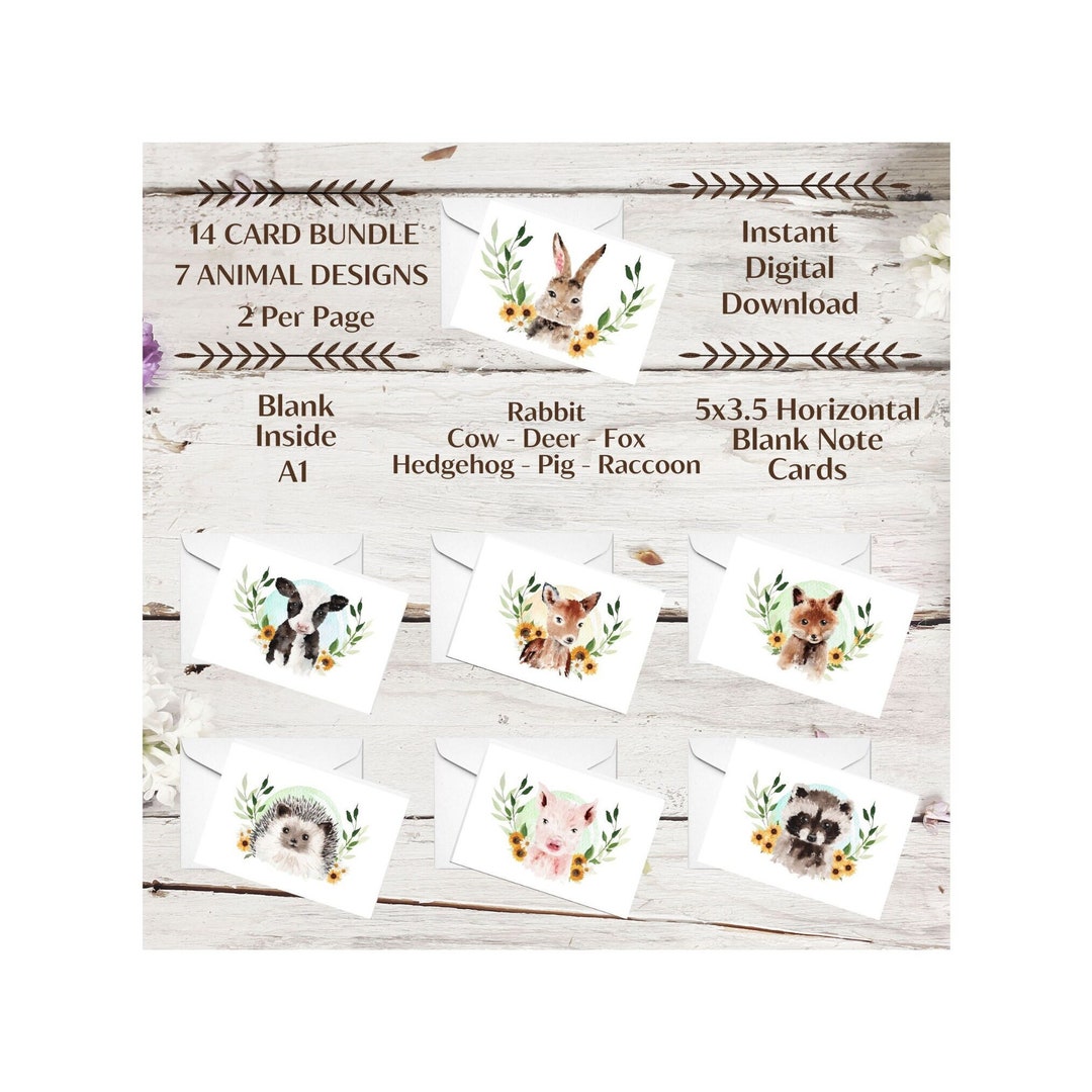 14 Card Bundle/7 Designs/watercolor Animal Color Note Cards/printable ...