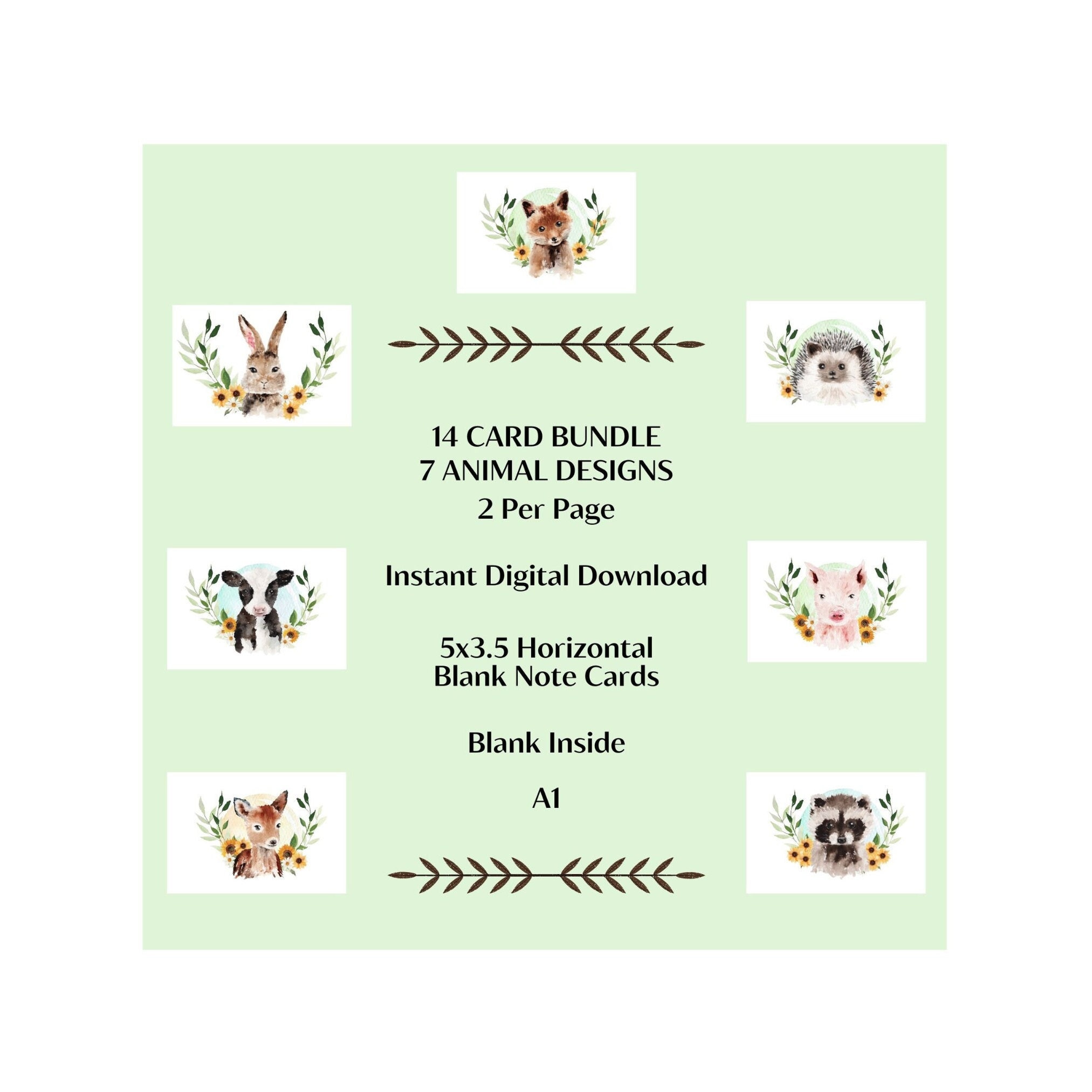 14 Card Bundle/7 Designs/watercolor Animal Color Note Cards/printable ...