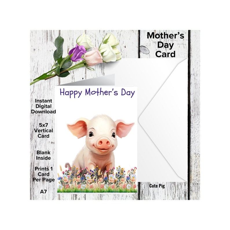 Happy Mothers Day/printable Digital Download Card/cute Pig /5x7 A7 Card ...