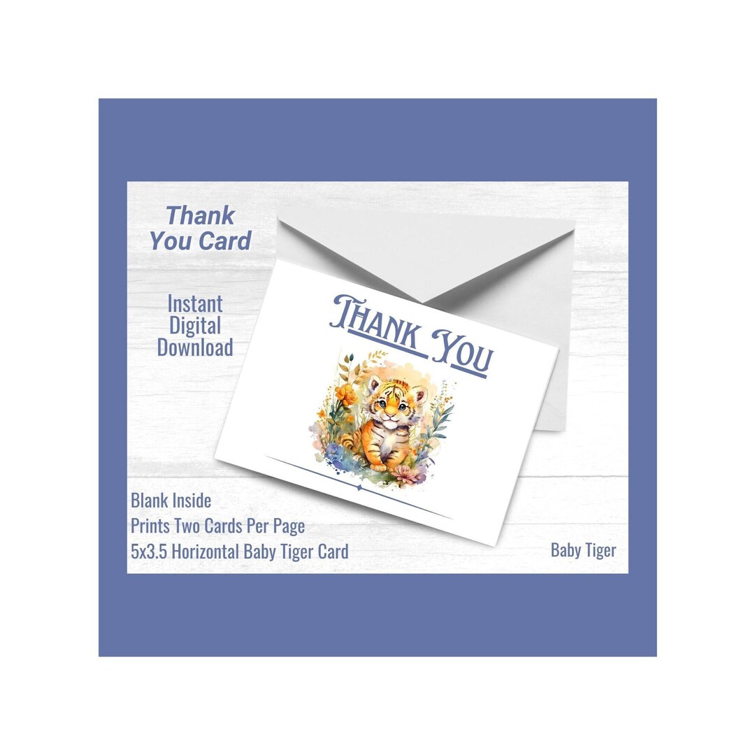 Baby Tiger Thank You Card Printable Digital Download 5x3.5 Blank Inside ...