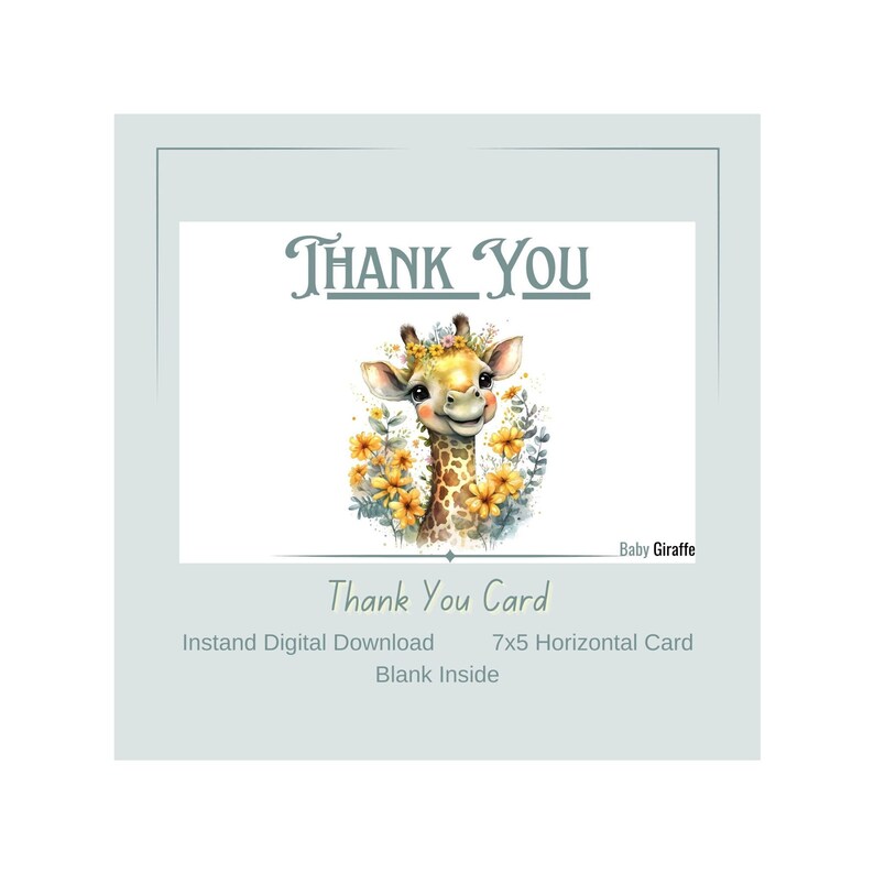 Baby Giraffe Thank You Card Printable Digital Download 7x5 Blank Inside ...