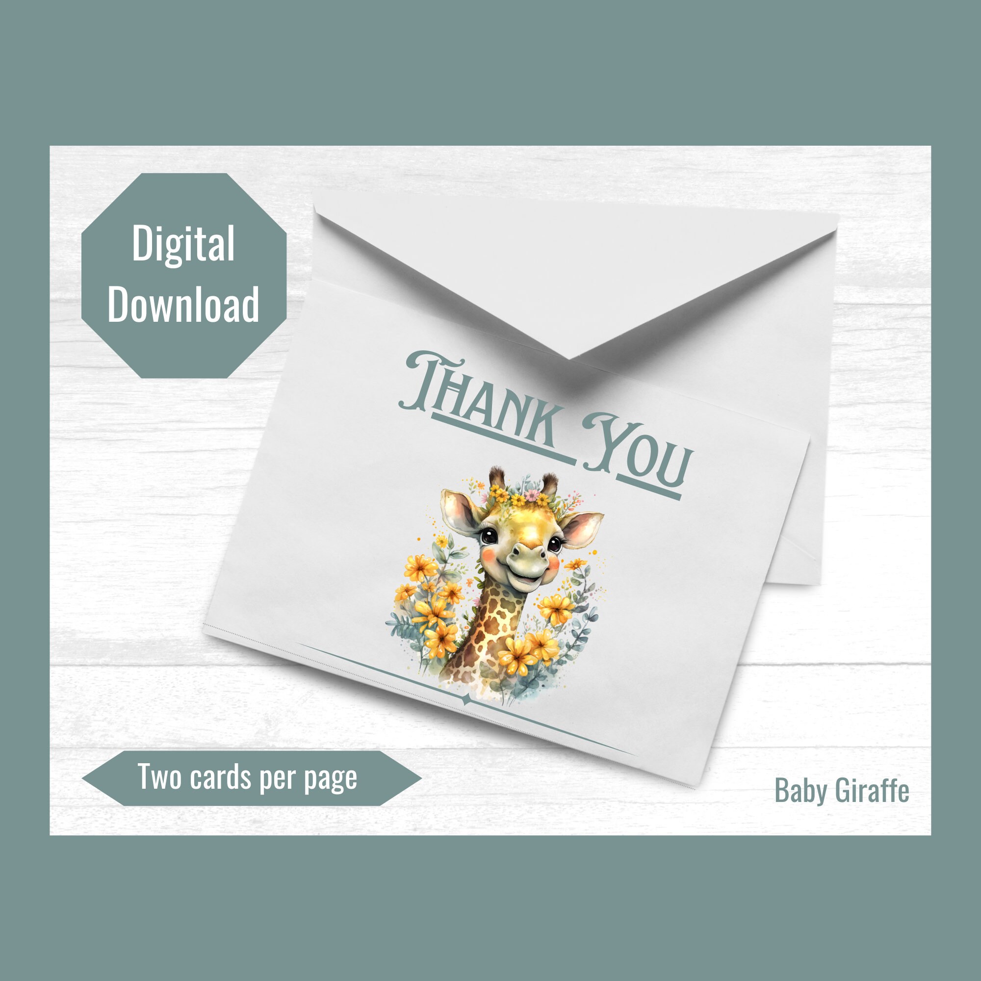 Baby Giraffe Thank You Card Printable Digital Download 5x3.5 Blank ...