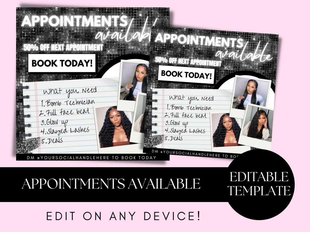 APPOINTMENTS AVAILABLE BOOKING Flyer for Instagram, Editable Book Now ...